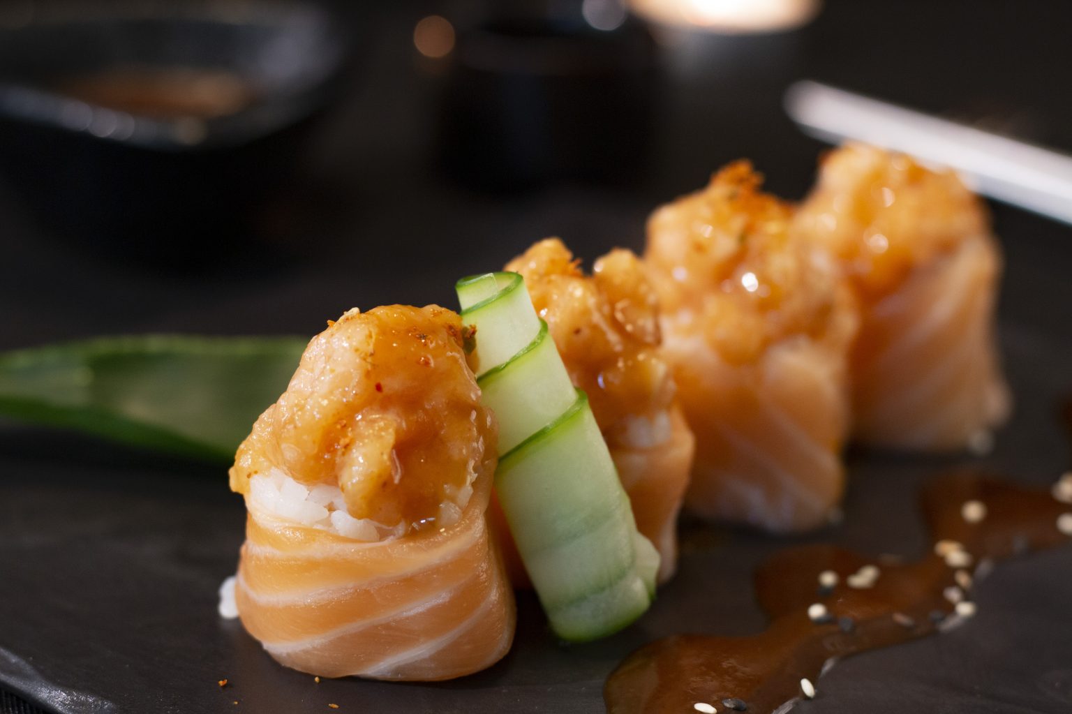 Salmon roses rolls with Tobanjyan miso sauce and salmon tartare - 4pcs ...